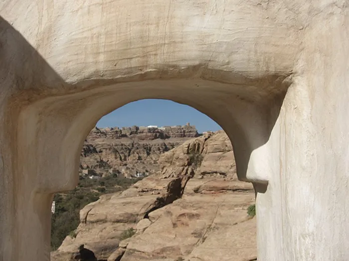 A landscape of mountains and desert