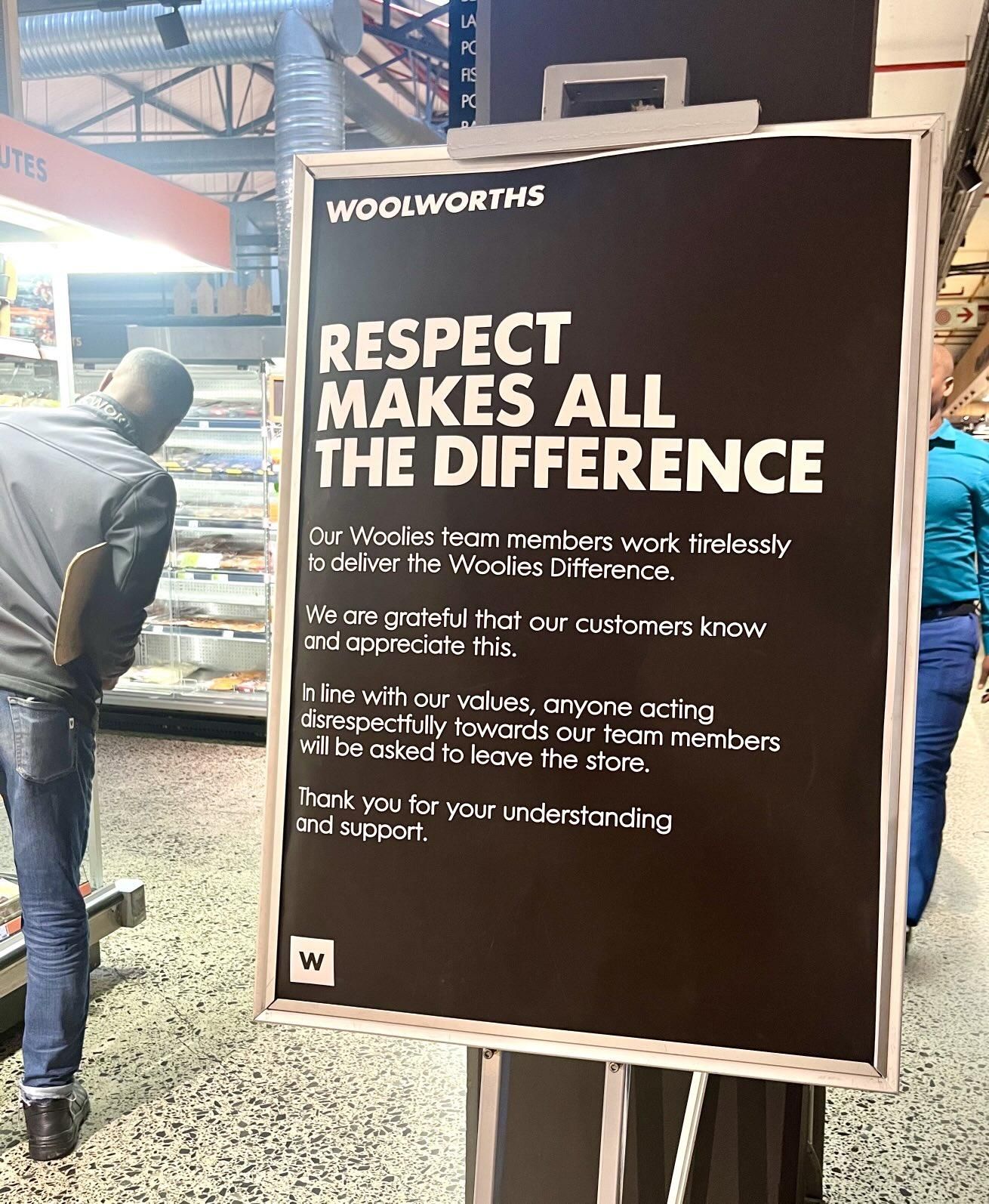 Woolworths' sign calling for workers to be respected ruffles some feathers