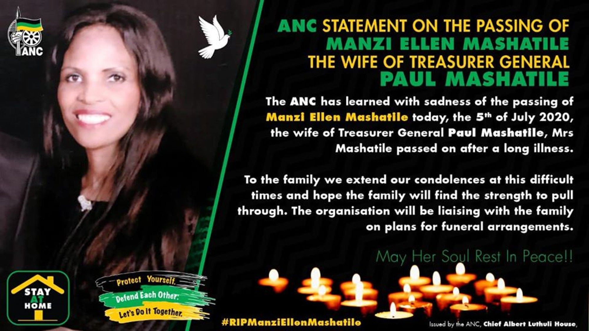 Mashatile family appeals for virtual prayers, no visits after wife's death