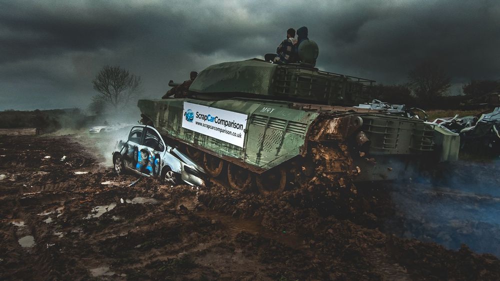 Feeling stressed? Destroy scrap cars with a 56-ton tank