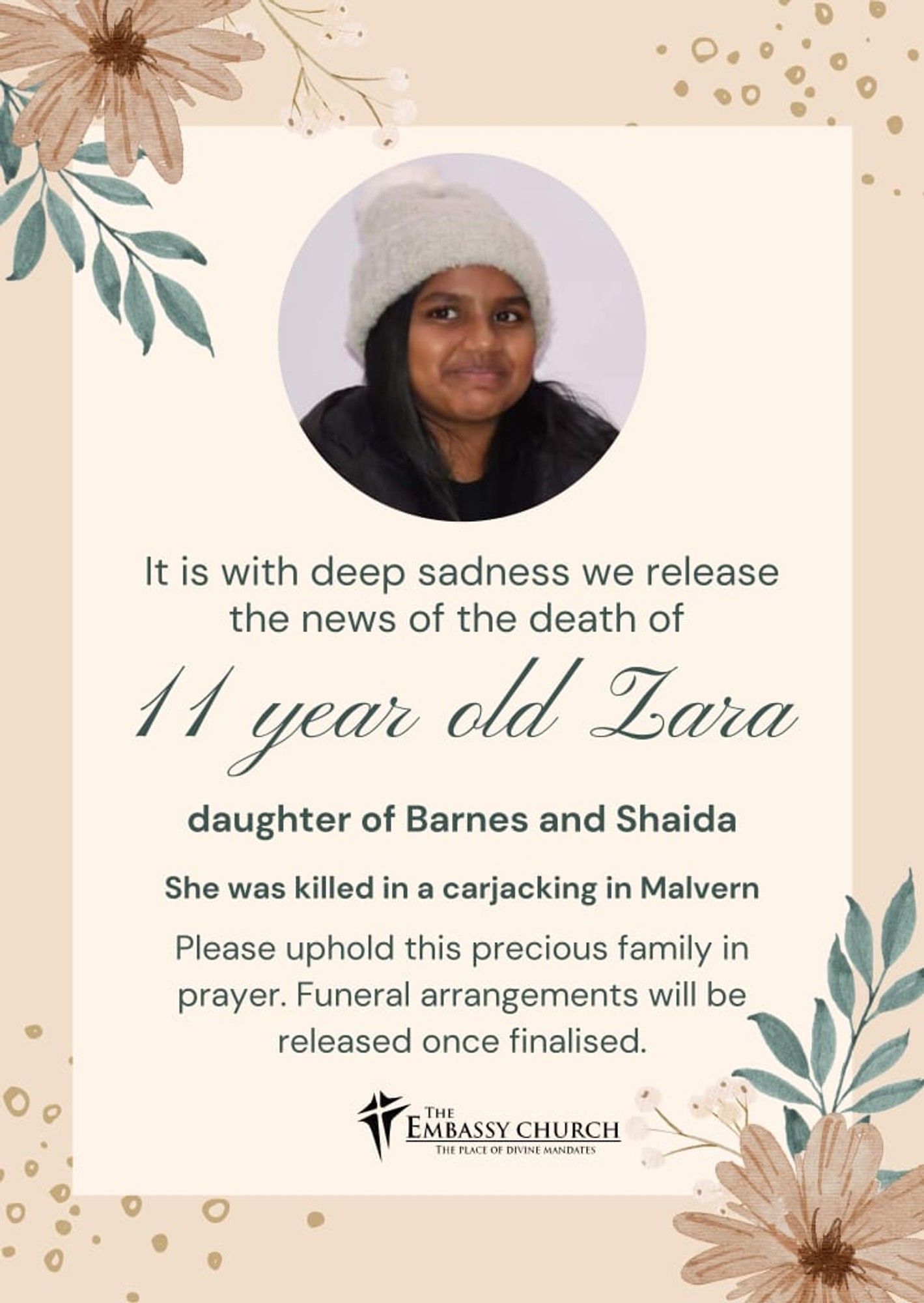 Tributes stream in for 11-year-old girl killed by fleeing hijackers in ...