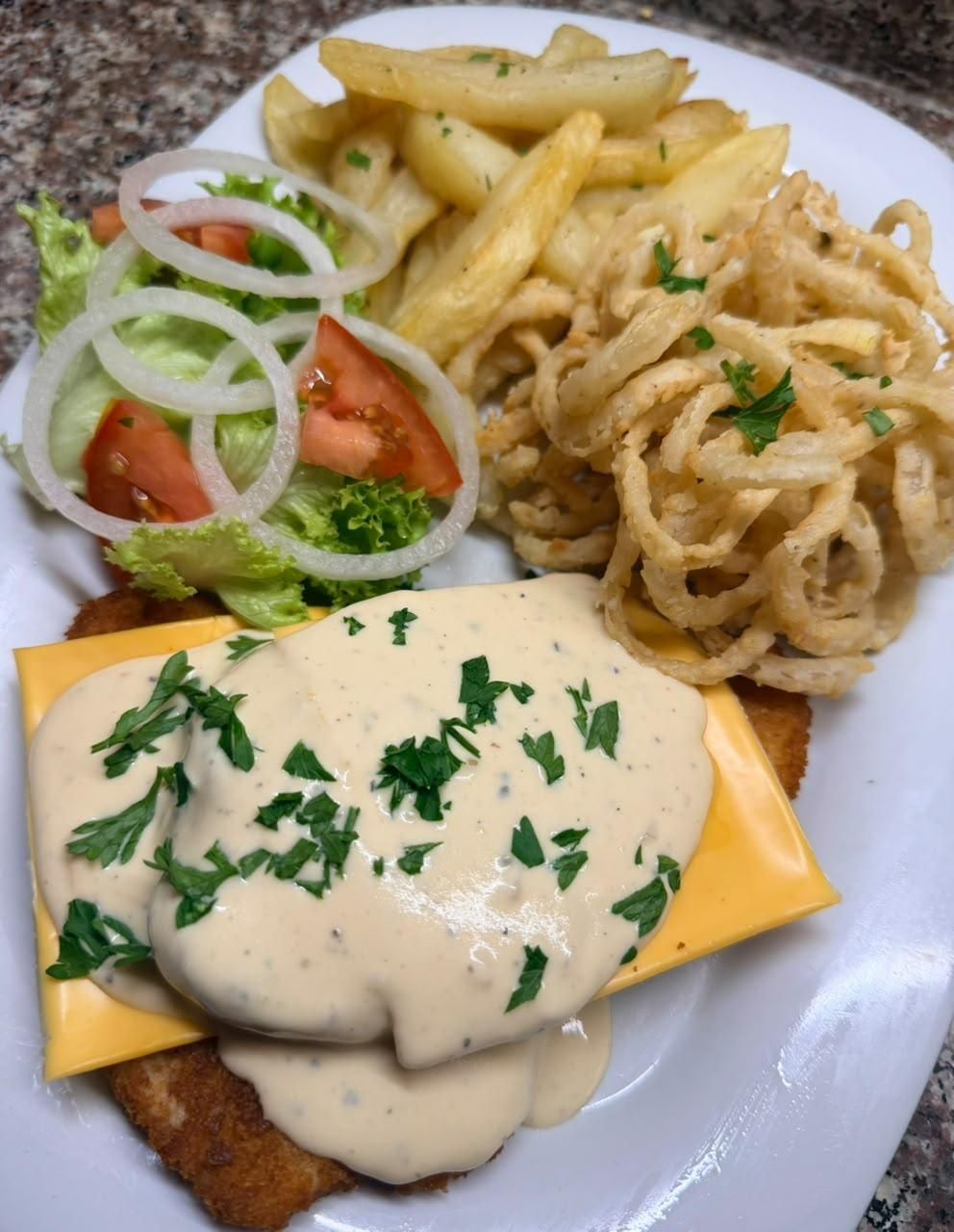 Chicken Schnitzel and Onion Rings